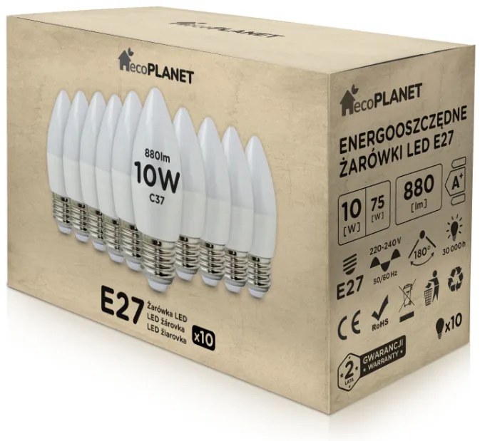 10x LED žárovka - ecoPLANET - E27 - 10W - svíčka - 880Lm - neutrální bílá