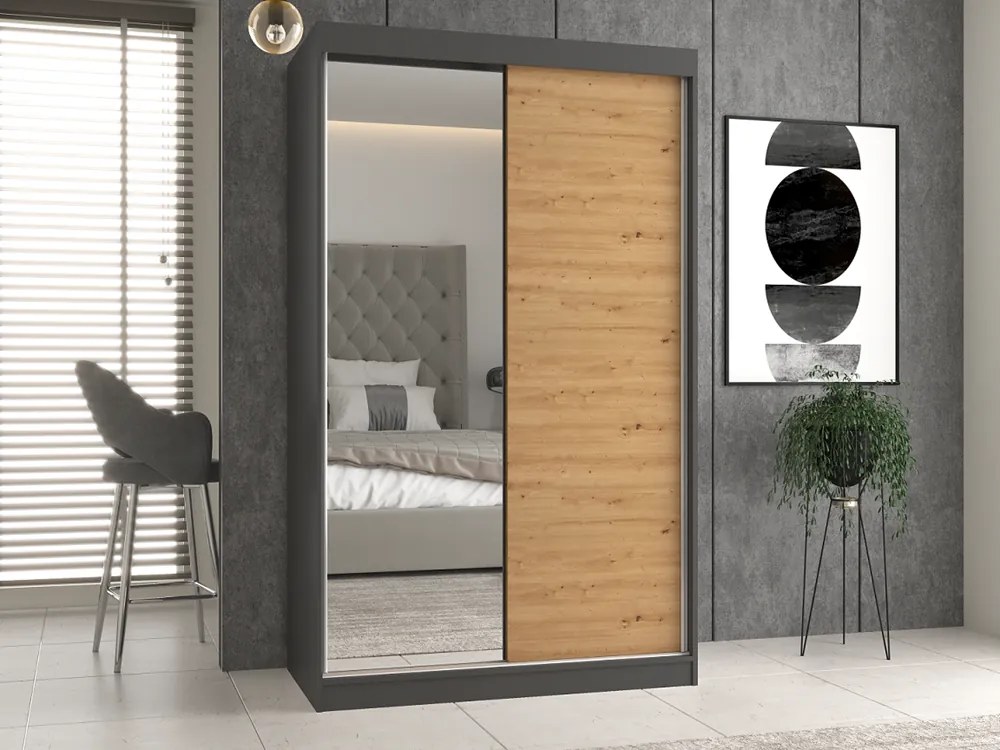 TPS Šatní skříň IGA 120 cm se zrcadlem - Antracit / Dub artisan