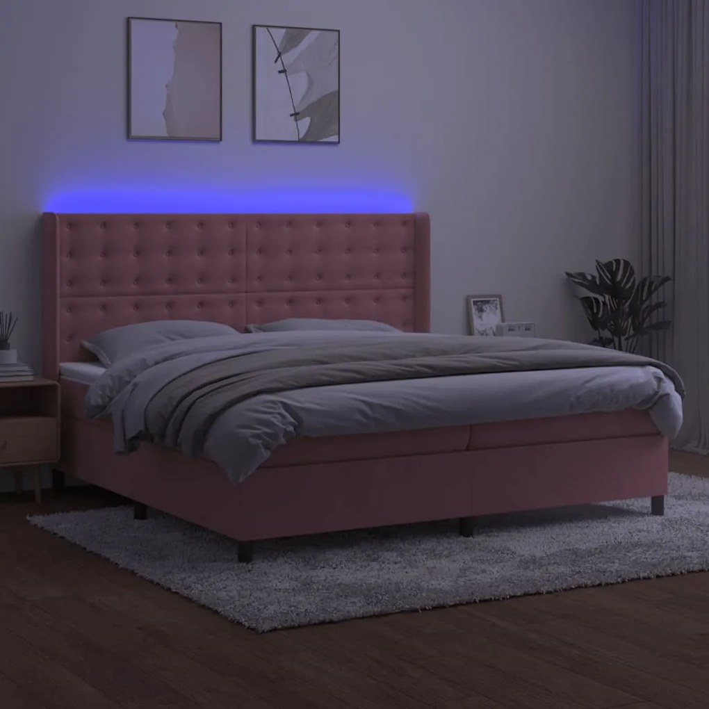 Box spring postel s matrací a LED růžová 200x200 cm samet 3139828