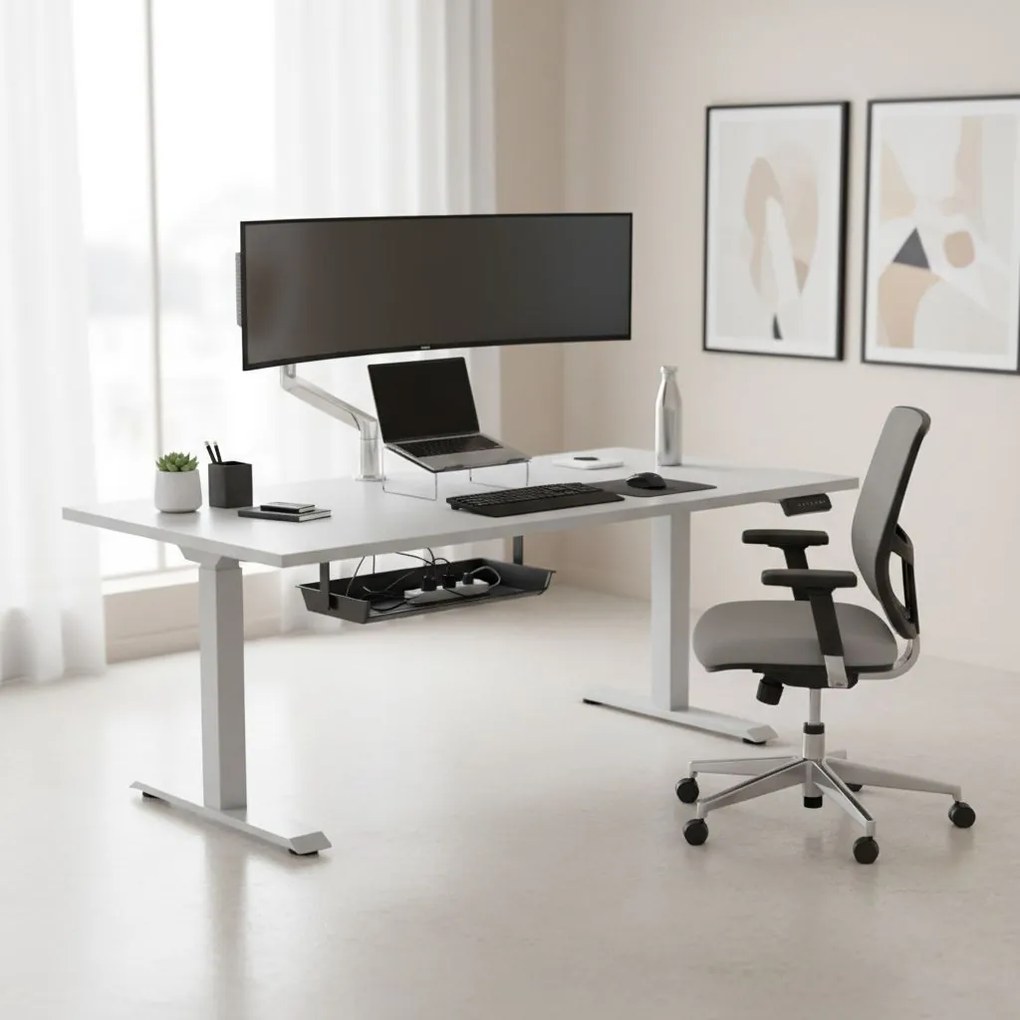 Výškově nastavitelný stůl OfficeTech D, 180 x 80 cm, šedá podnož, světle šedá