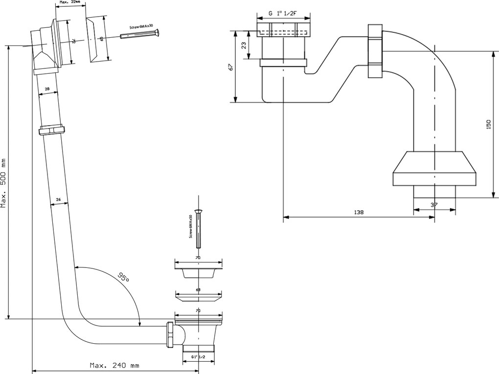 Polysan MODEL 12V vanová souprava pro vnější instalaci, řetízek, včetně sifonu, chrom ( 12V813151 ) 71687 Koupelny Bernold