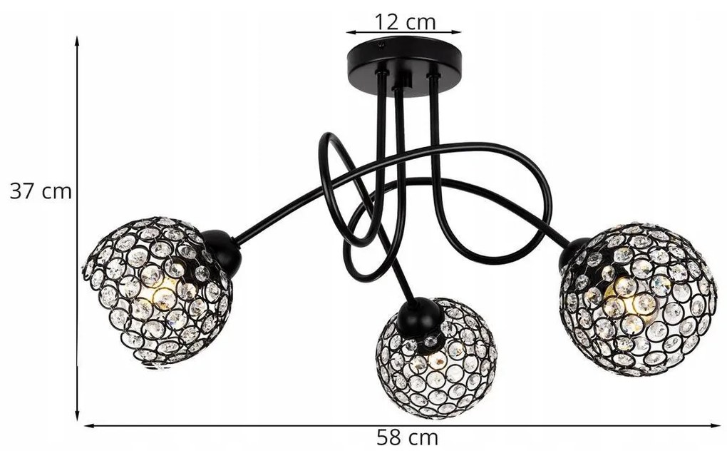 Stropní svítidlo Crystal, 3x černé křišťálové stínítko, b
