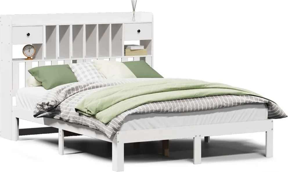 Postel s knihovnou bez matrace bílá 135x190 cm masivní borovice 3322592