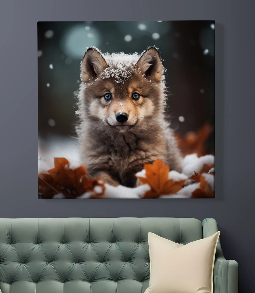 Obraz na plátně - Mládě vlka vyčkává ve sněhu FeelHappy.cz Velikost obrazu: 80 x 80 cm