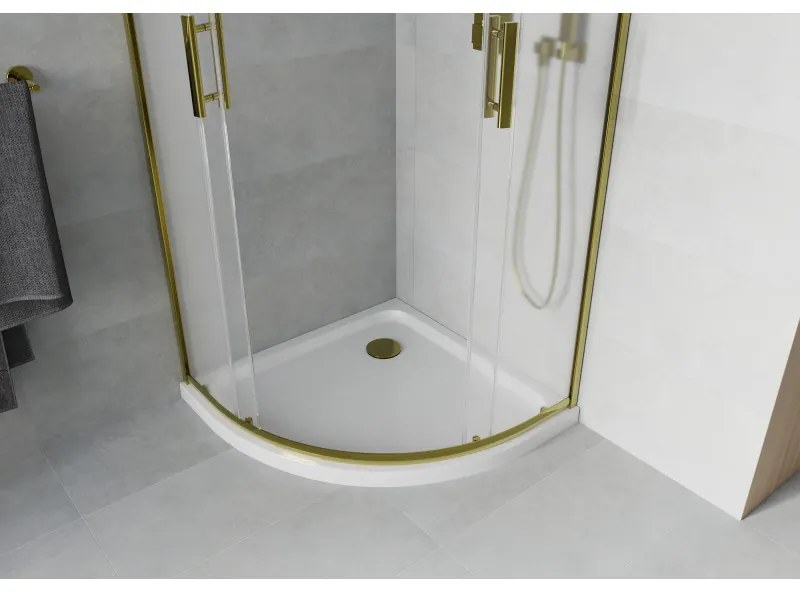 Mexen Rio, čtvrtkruhový sprchový kout 90(dveře)x90(dveře)x190 cm, 5mm sklo námraza, zlatý profil + bílá sprchová vanička SLIM, 863-090-090-50-30-4110G