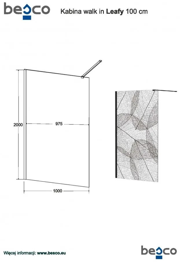 BESCO Walk-in sprchový kout LEAFY BARVA rámu - Černá, Rozměr A - 100 cm, Rozměr C - 200 cm, Směr zavírání - Univerzální Levé / Pravé, Výplň - Malované bezpečnostní sklo - 8 mm BCLEAFY100