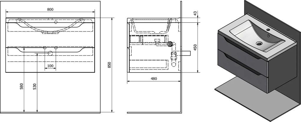 Sapho Sapho, WAVE umyvadlová skříňka 79,7x45x47,8cm, bílá/dub cuneo, WA080-3025