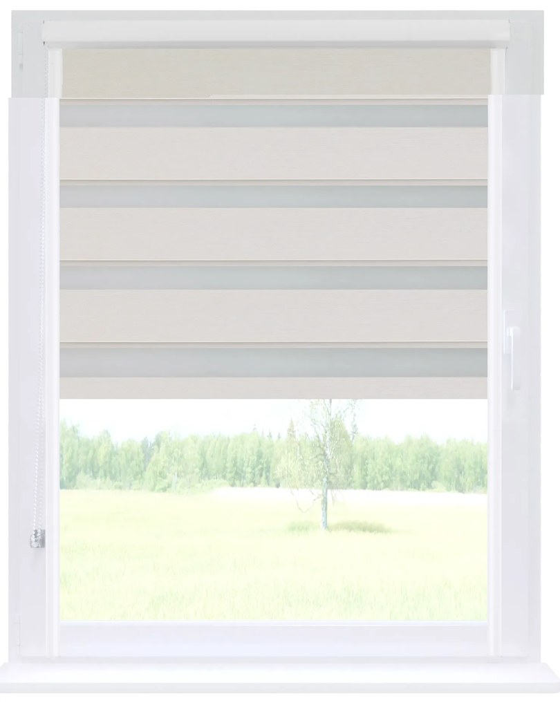 Dekodum Roleta den a noc v bílé kazetě zatemňovací, barva látky Písková Šířka (cm): 134, Výška (cm): Balkonová (do 200 cm), Strana mechanismu: Levá