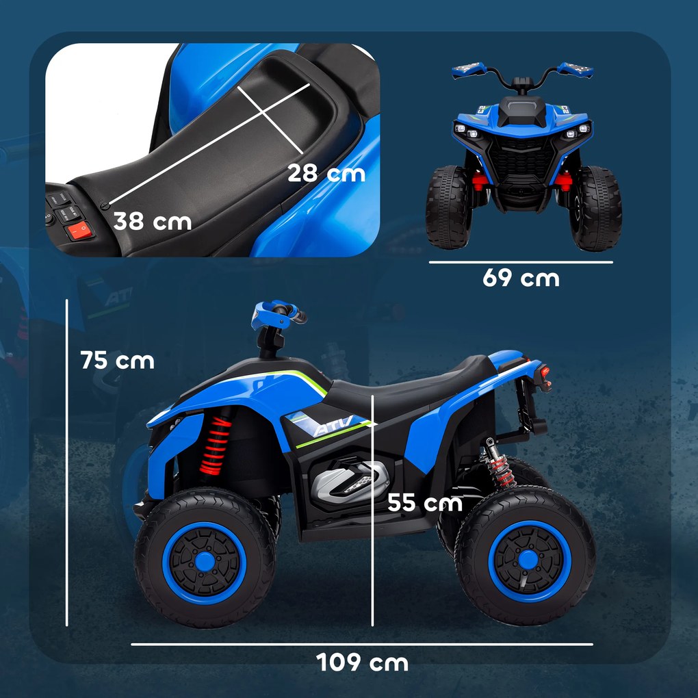 AIYAPLAY Elektro čtyřkolka pro děti, 3-6 km/h, LED světlomety, hudba, USB, pro děti 3-8 let, modrá