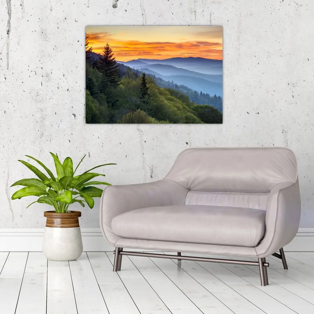 Skleněný obraz - Červánky v horách (70x50 cm)
