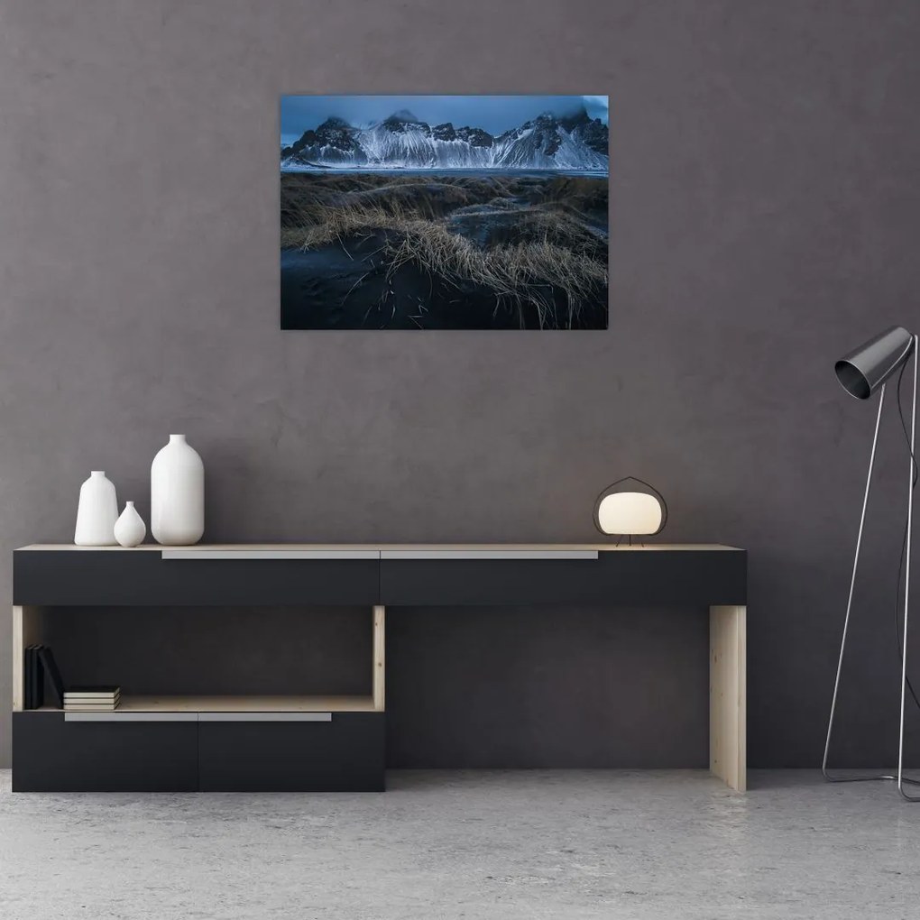 Skleněný obraz výhledu na Islandské vrcholky (70x50 cm)