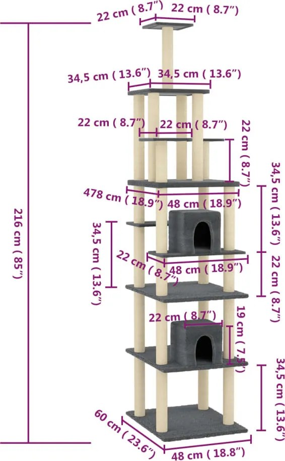 vidaXL Škrabadlo pro kočky se sisalovými sloupky 216 cm [171529] Barva: světle šedá