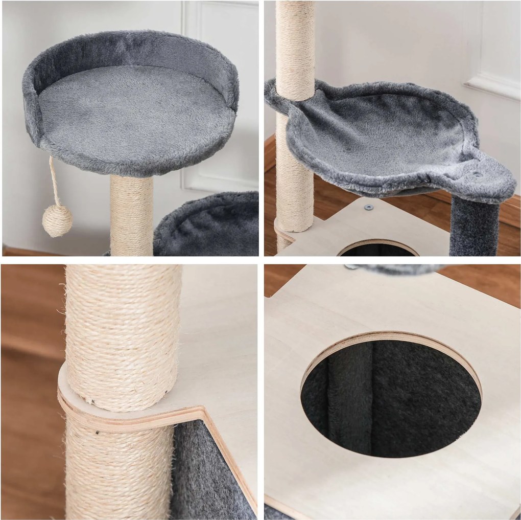 PawHut Kočičí Škrabací Strom 48x34x95 cm Kočičí Věž s Houpací Síťkou, Odnímatelnou Jeskyní, Visící Kuličkou a Sisalovými Sloupky Šedá