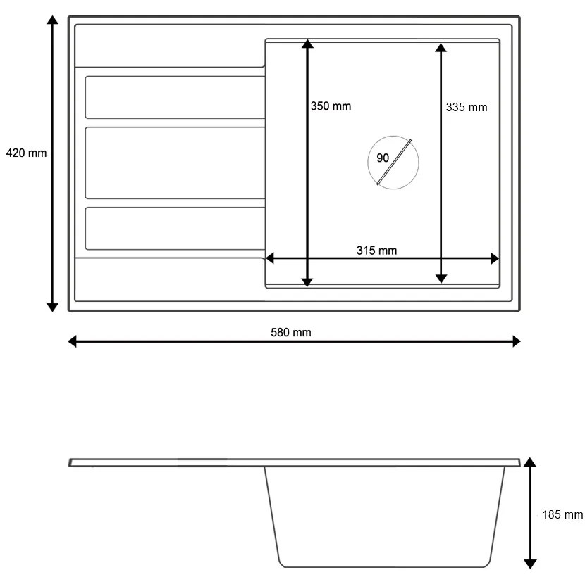 Gamma Modern 6040, 1-komorový granitový dřez 580x420x185 mm s krátkým odkapávačem, šedá, GMA-ZM-6040-G
