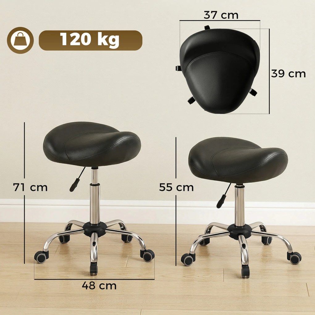 HOMCOM Rolovací stolička Výškově nastavitelná pracovní stolička s kolečky otočná imitace kůže černá 48 x 48 x 54-69 cm pro salony a masáže | Aosom.de