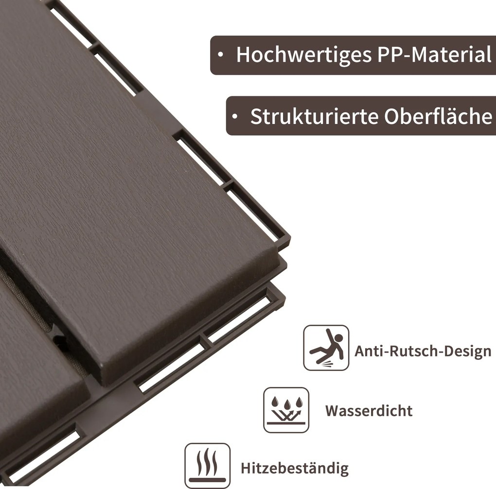 Outsunny plastová dlažba na terasu, sada 9 kusů 30 x 30 cm, protiskluzový design s instalací na sponu, dlažba pro vnitřní i venkovní použití, hnědá |…