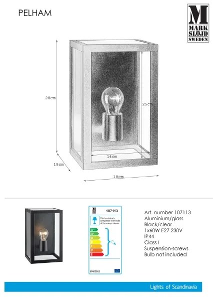 Markslöjd 107113 - Venkovní nástěnné svítidlo PELHAM 1xE27/60W/230V IP44 černá