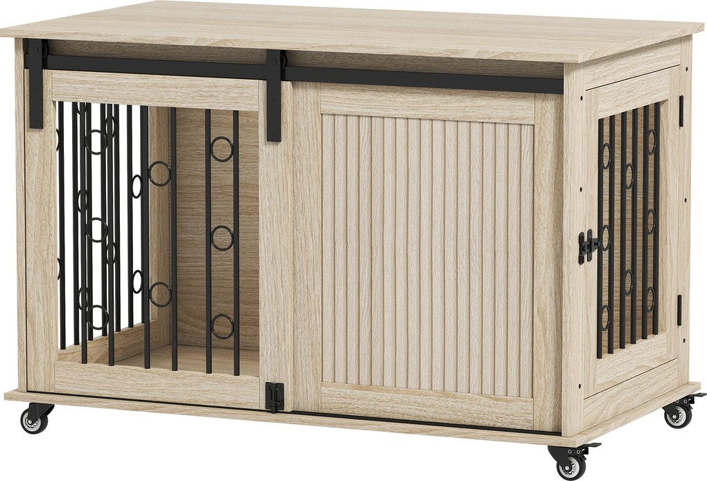 PawHut Psí box na kolečkách, posuvné dveře, 100 x 56 x 65 cm, dřevo, ocel
