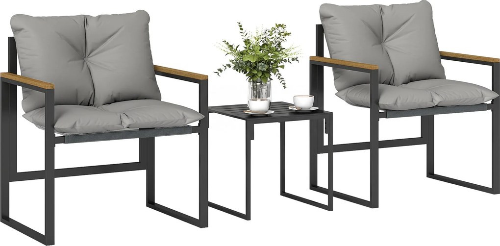 Outsunny 3dílný bistro set pro 2 — kovový rám, polstrovaná křesla a odkládací stolík, zahradní nábytek na balkon, terasu nebo trávník | Aosom