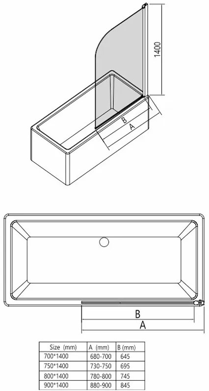 Erga Ozark, 1-křídlová vanová zástěna 80x140 cm, 6mm čiré sklo, černý profil, ERG-V02-OZARK-080-BK