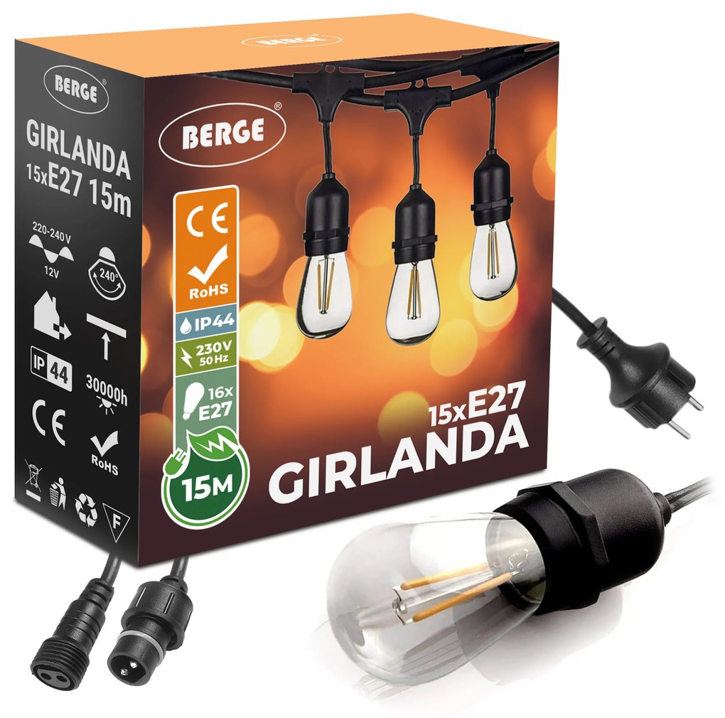 BERGE Venkovní dekorační řetěz GIRLAND - 16x E27 1W - 230V - IP44 - 15m