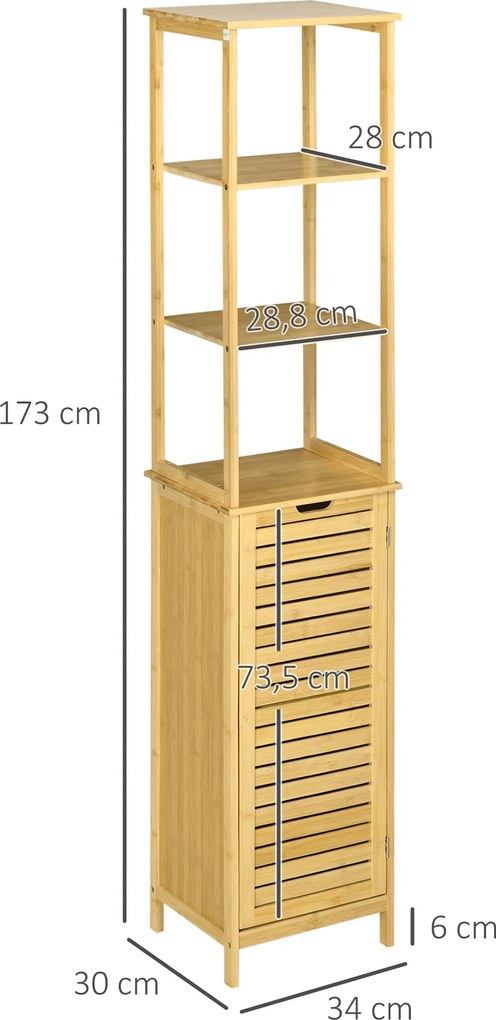 kleankin koupelnová skříňka bambus, 34 x 30 x 173 cm, se 3 otevřenými přihrádkami a 1 skříňkou, ochrana proti překlopení, otevírání na madlo, volně s…