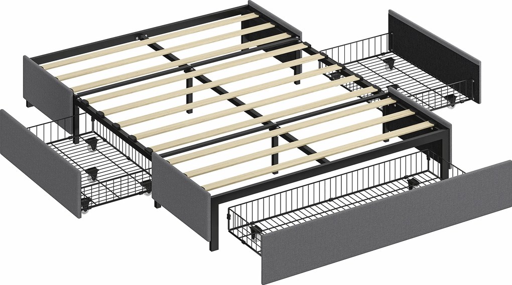 HOMCOM manželka postel 140x190 cm lamelový rošt se 3 zásuvkami a kovovým rámem, nosnost 363 kg, šedá