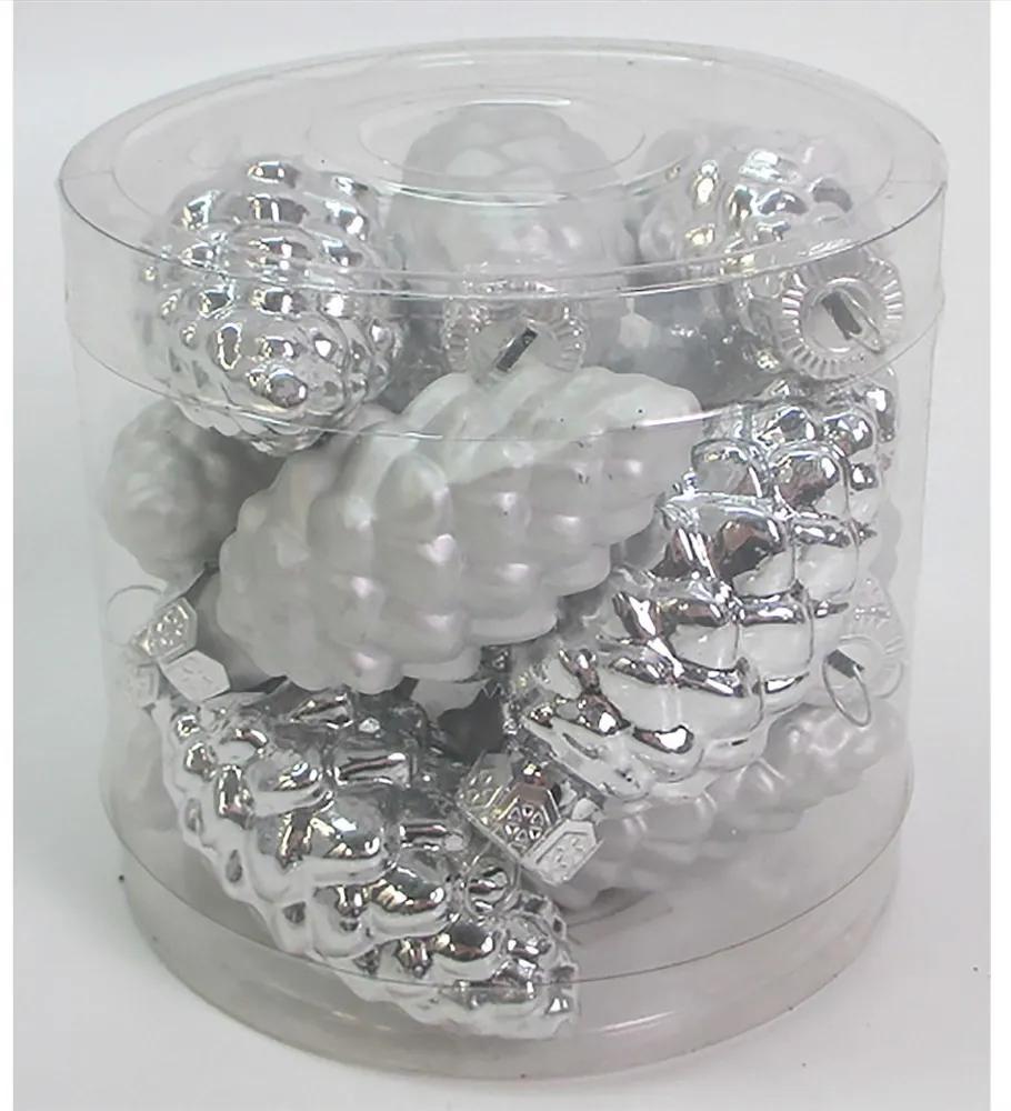 Ozdoby skleněné-tvar šišky, stříbrné, pr. 5,5 cm,cena za 1 balení (13 ks)