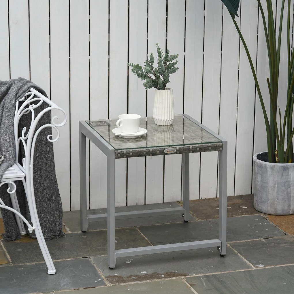 Zahradní stolek Outsunny® s tvrzeným sklem, polyratanem a hliníkem, odolný proti povětrnostním vlivům a moderní pro zahradu, balkon, terasu