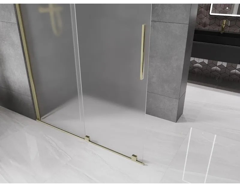 Mexen Velar, sprchová zástěna s posuvnými dveřmi Walk-in 130 x 200 cm, 8mm sklo námraza, zlatá lesklá, 871-130-000-33-50