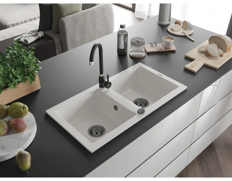 Mexen Mario, granitový dřez 820x436x161 mm, 2-komorový, bílá s černým sifonem, 6504822000-20-B