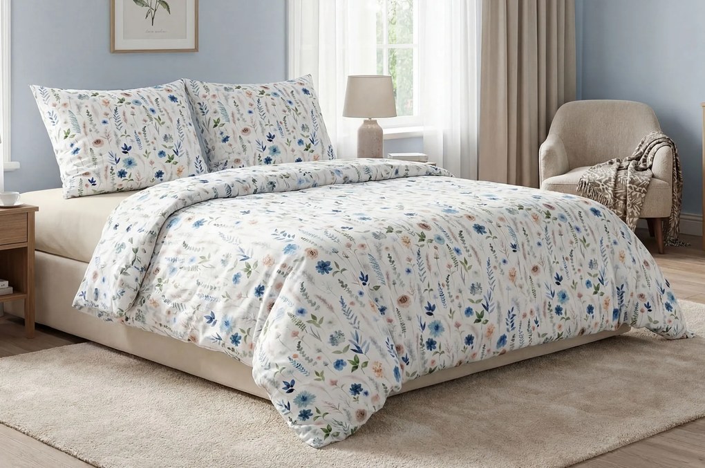 Bavlněné prodloužené povlečení Boho zahrada - modré Velikost: 140 x 220 + 70 x 90