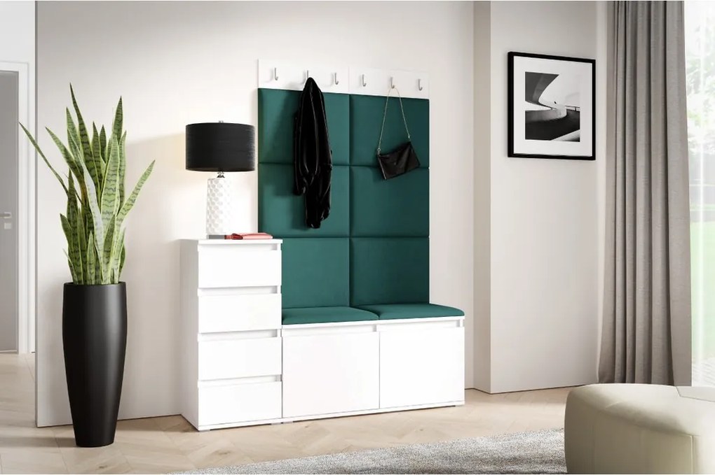 Eka Předsíňová stěna s čalouněnými panely Trinity 34 - Bílá / Tmavá zelená 2328