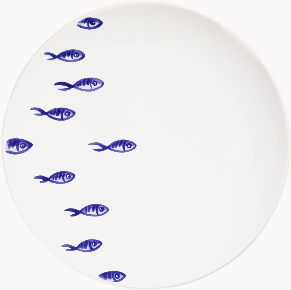 Ručně vyrobený mělký talíř Blauer Fischschwarm