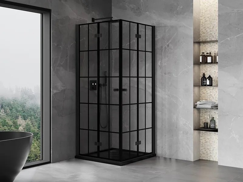 Mexen Mist-F Duo, skládací sprchový kout 70 x 70 cm, čiré sklo-černá mřížka, 8A6-070L-070P-70-77