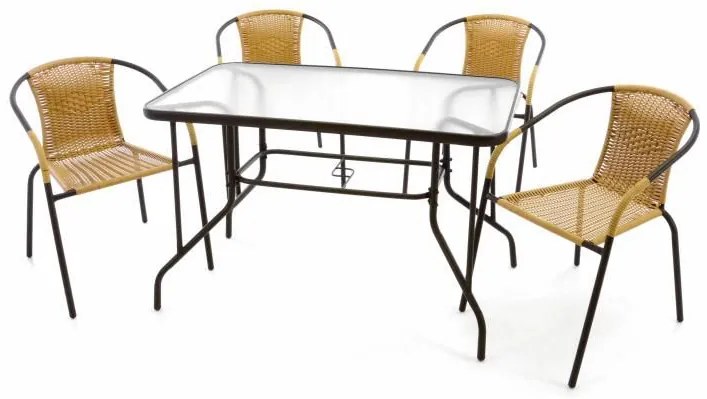 Zahradní set, 4 židle a skleněný stůl, polyratan, béžový