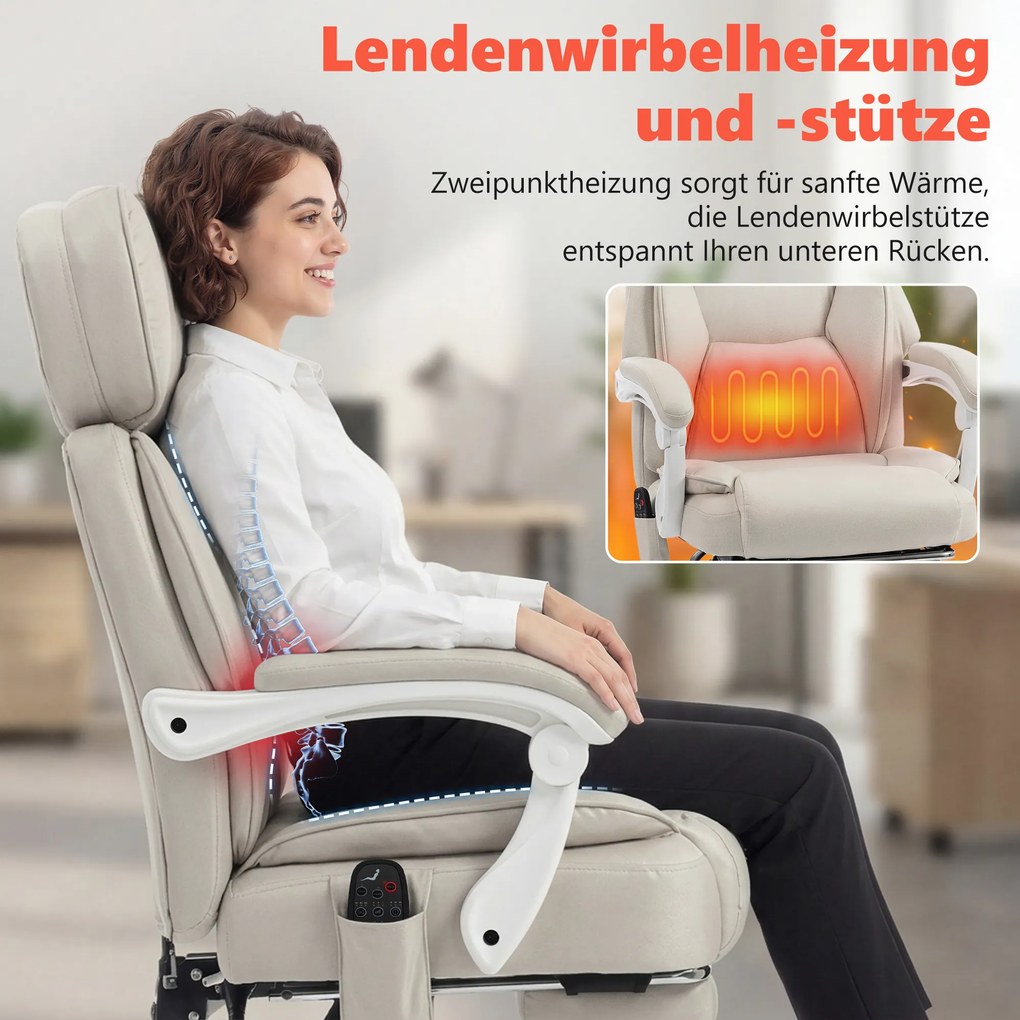 HOMCOM Kancelářská židle s vysokým opěradlem s vibrační masáží a vyhříváním, ergonomická, naklápěcí, s opěrkou nohou, krémově bílá