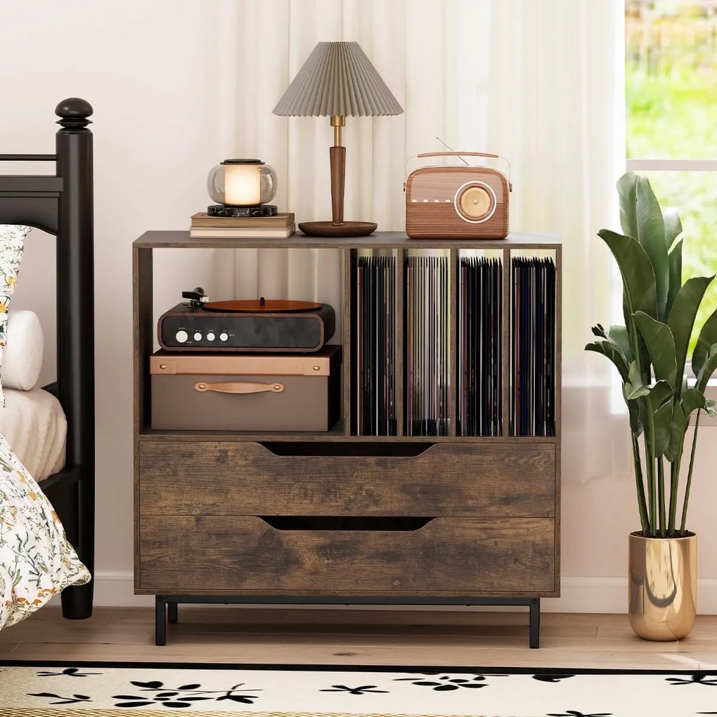 Costway Stojan na gramofon s 4 vinylovými přihrádkami a 2 zásuvkami