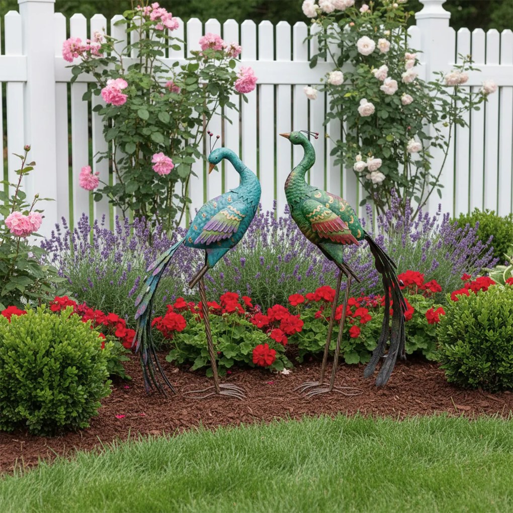 Zahradní kovová figurka Peafowl Duo, 78 cm, zelená/modrá