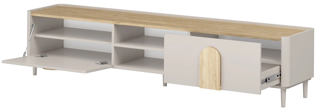 TV stolek Amilio 220 cm na nožkách - kašmírová / dub olejovaný / úchytky dub světlý