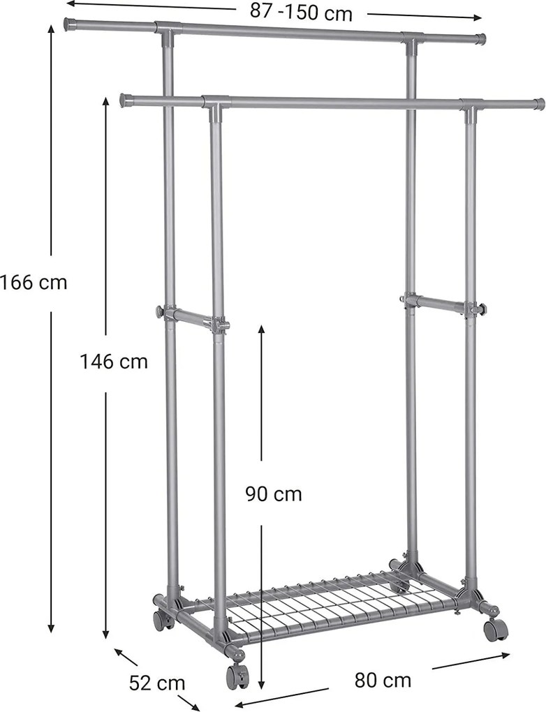 Oděvní stojan, dvojitá oděvní tyč rozšiřitelná od 87 do 150 cm