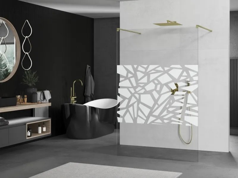 Mexen Kioto, sprchová zástěna Walk-In 110 x 200 cm, 8mm čiré sklo bílý vzor, ​​zlatý matný profil, 800-110-002-55-85