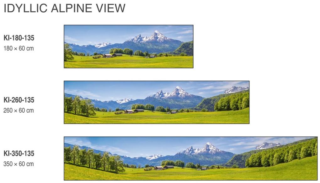 DIMEX | Fototapeta do kuchyně Alpský pohled KI-180-135 | 180 x 60 cm | zelená, modrá, bílá, hnědá