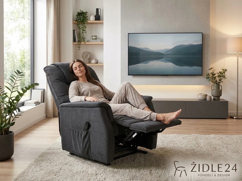 Elektrické polohovací TV křeslo SAGA - šedá látka