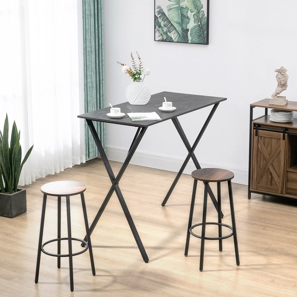 HOMCOM Moderní barová plocha v industriálním stylu, vysoký kuchyňský stůl s dřevem s mramorovým efektem a ocelí, 120 x 60 x 102 cm, černý
