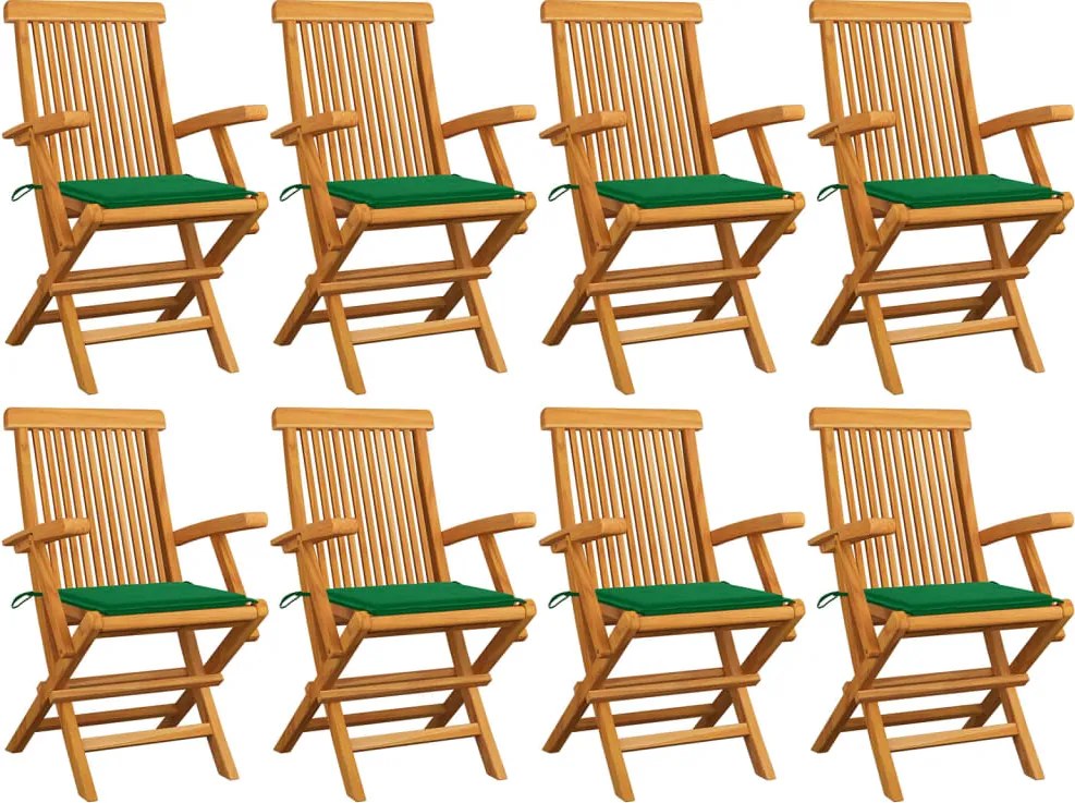 Skládací židle se zelenými polštáři, 8 ks, masivní teakové dřevo 3072894
