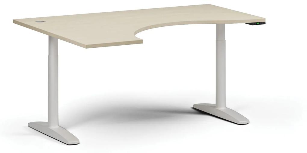 Výškově nastavitelný stůl OBOL, elektrický, 675-1325 mm, ergonomický levý, deska 1600x1200 mm, bílá zaoblená podnož, ořech