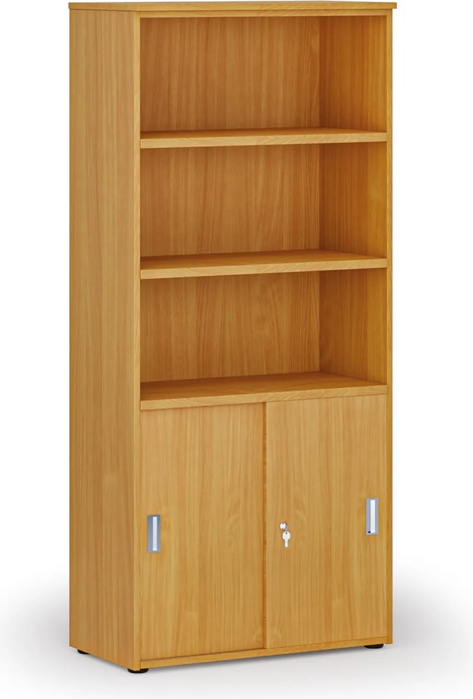 Kombinovaná kancelářská skříň PRIMO WOOD, zasouvací dveře na 2 patra, 800 x 420 x 1781 mm, buk