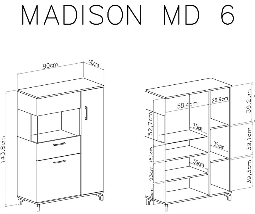 Meblar Vitrína Madison MD6 včetně osvětlení Barva: -dub piškotový / bílá lux