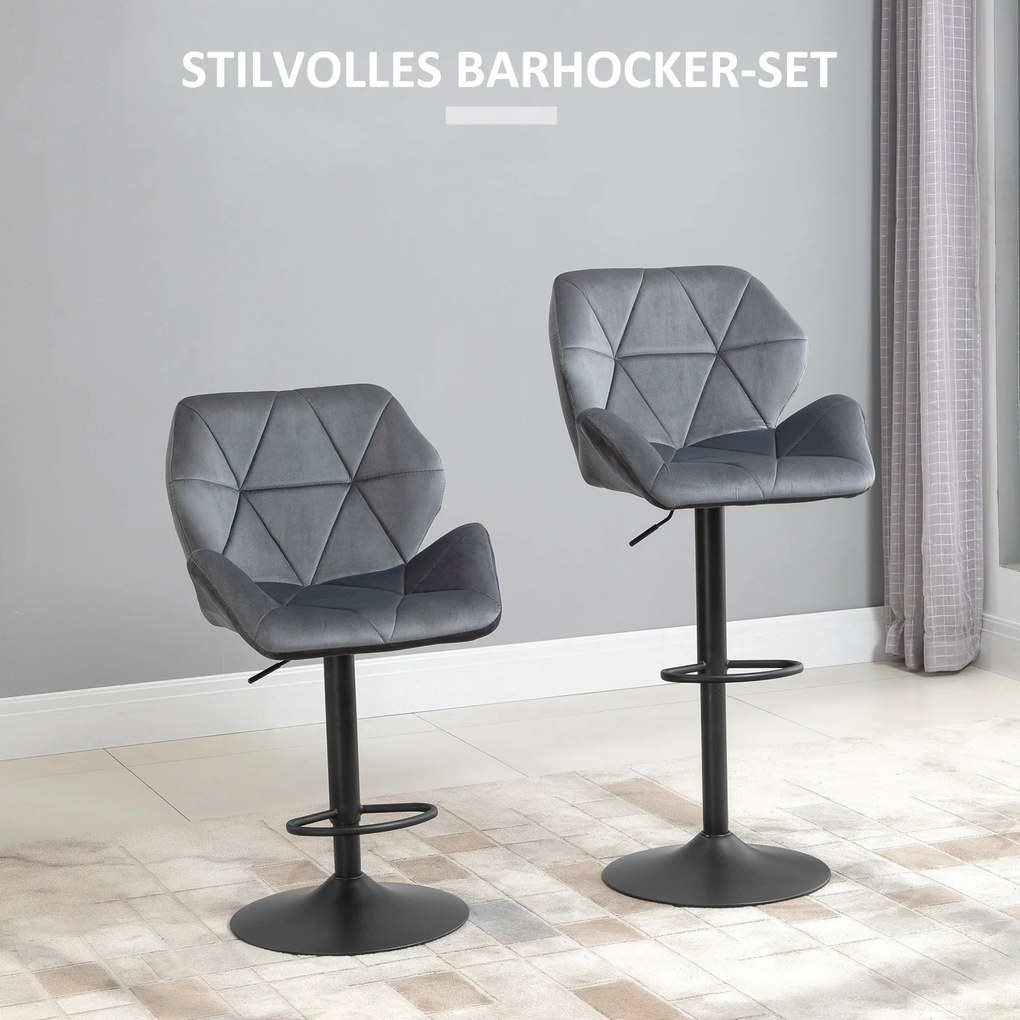 HOMCOM Barová židle 2ks set, čalouněný barový stolek s kovovou konstrukcí, opěradlo, sametový vzhled, výškově nastavitelný, 360° otočný